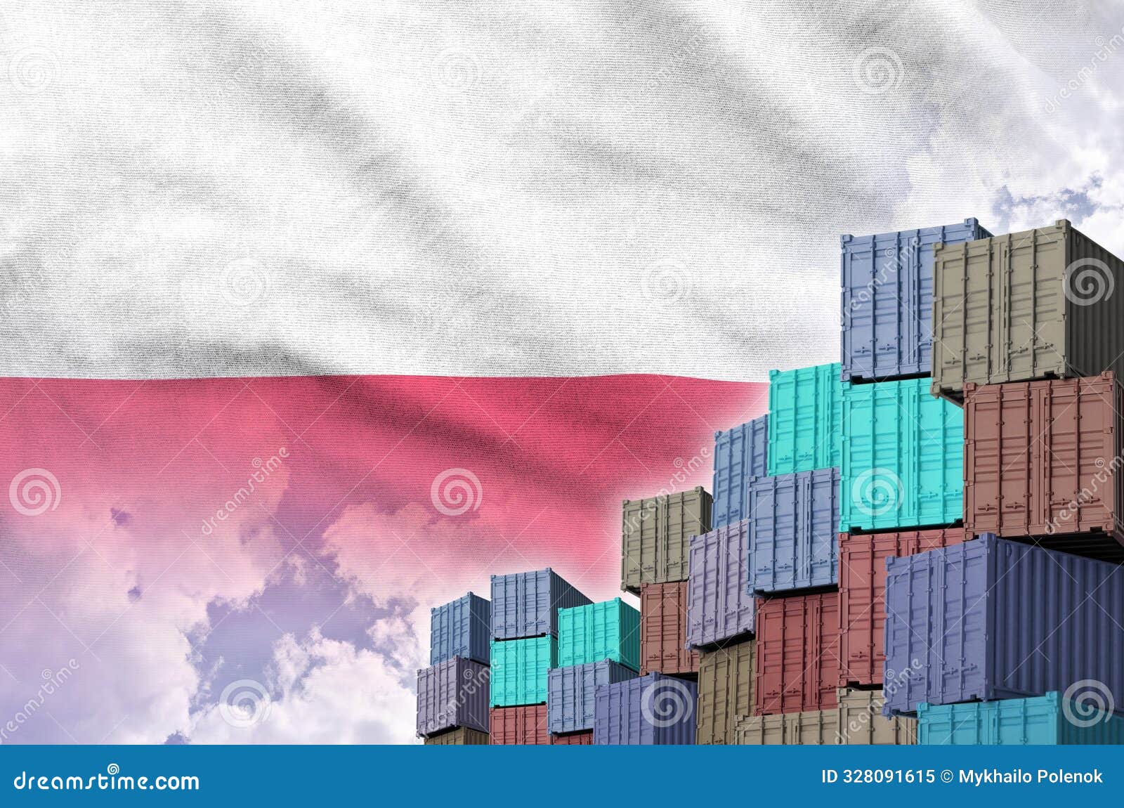 Poland Flag and Big Stack of Shipping Cargo Containers in Docks with ...