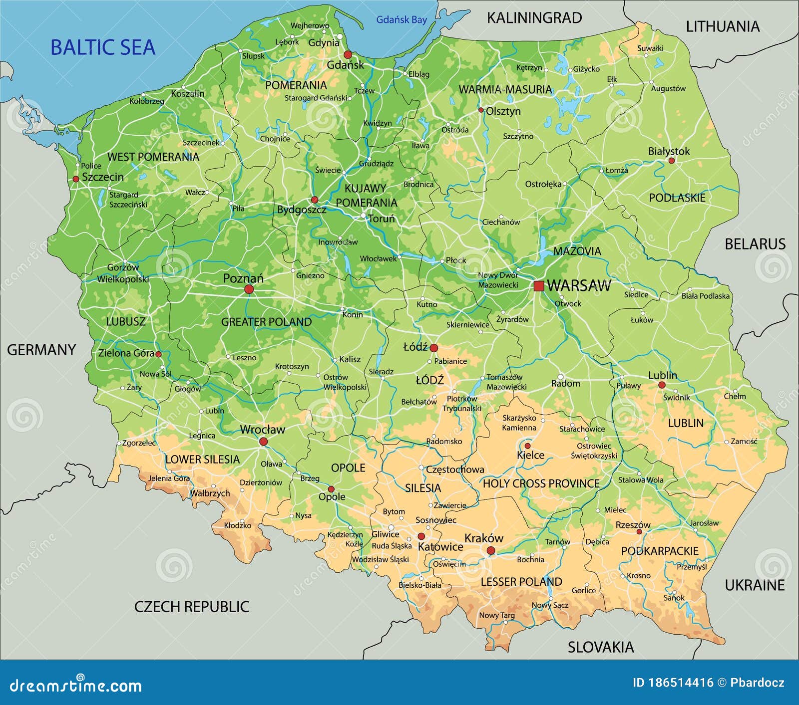 High Detailed Poland Physical Map With Labeling. Vector Illustration ...