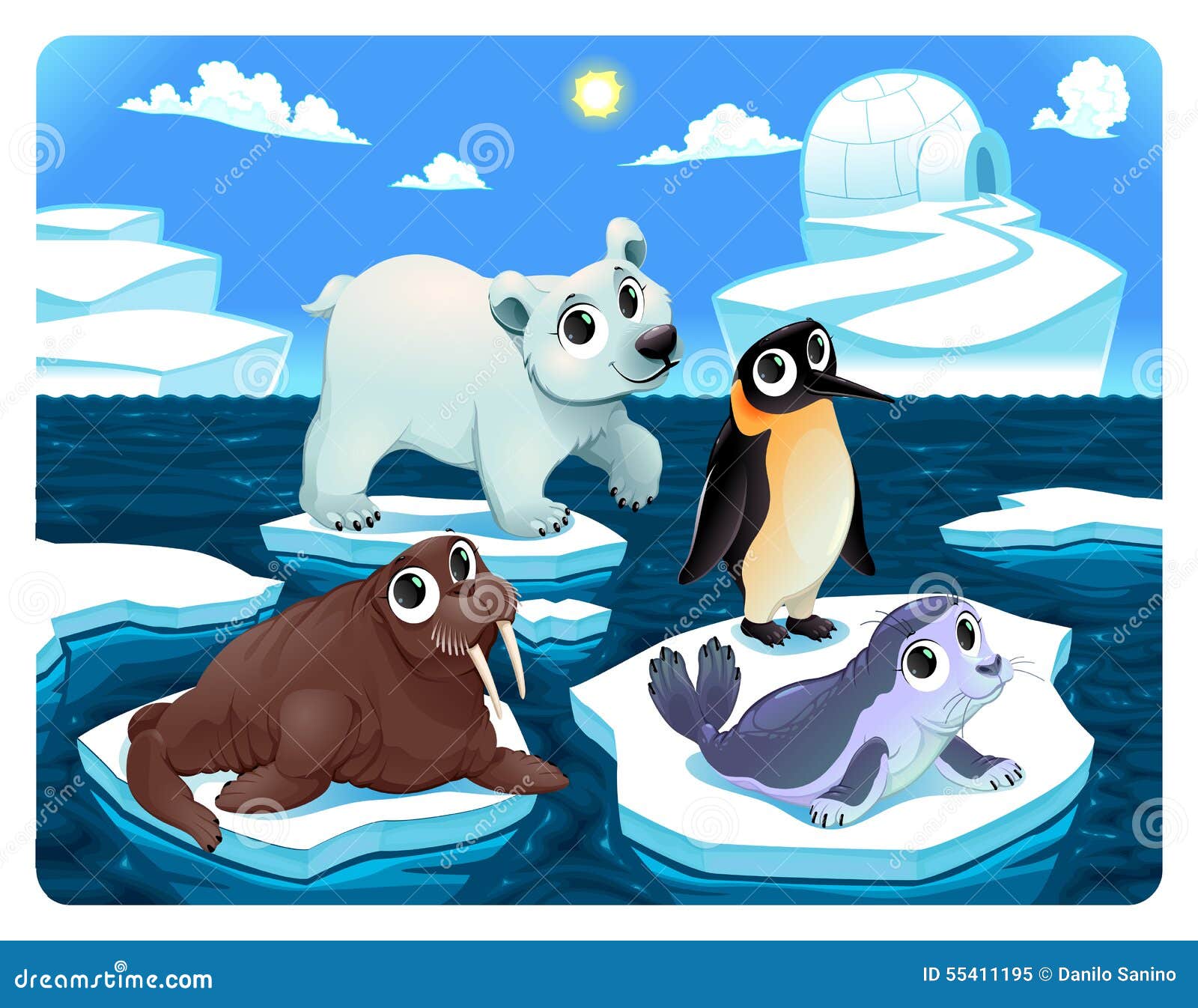 Polar animals on the ice stock vector. Illustration of walrus - 55411195
