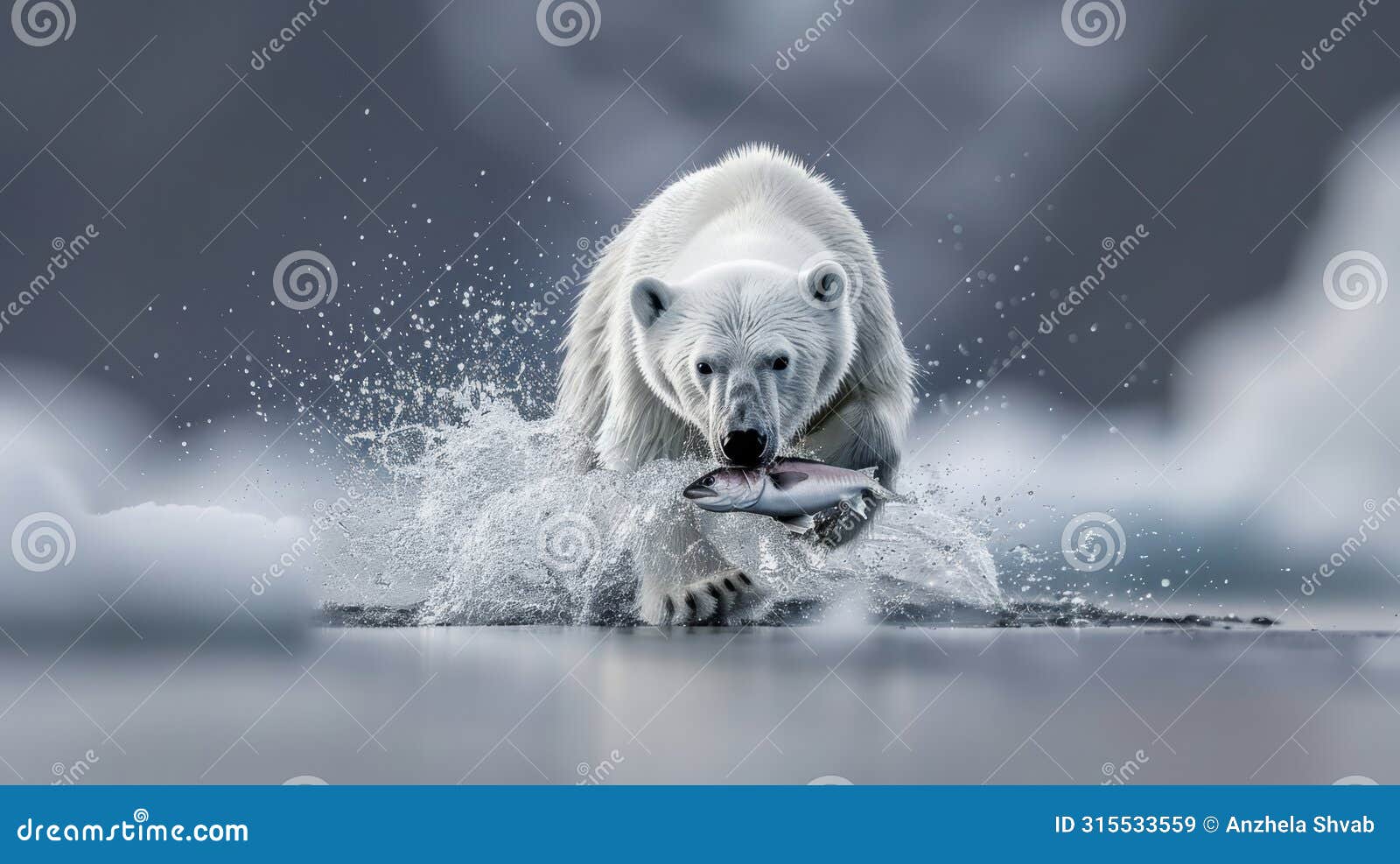 Polar Bear Catches Fish, Wild Animals Concept, White Background, Banner ...