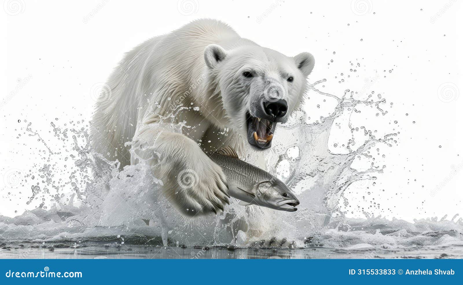 Polar Bear Catches Fish, Wild Animals Concept, White Background, Banner ...