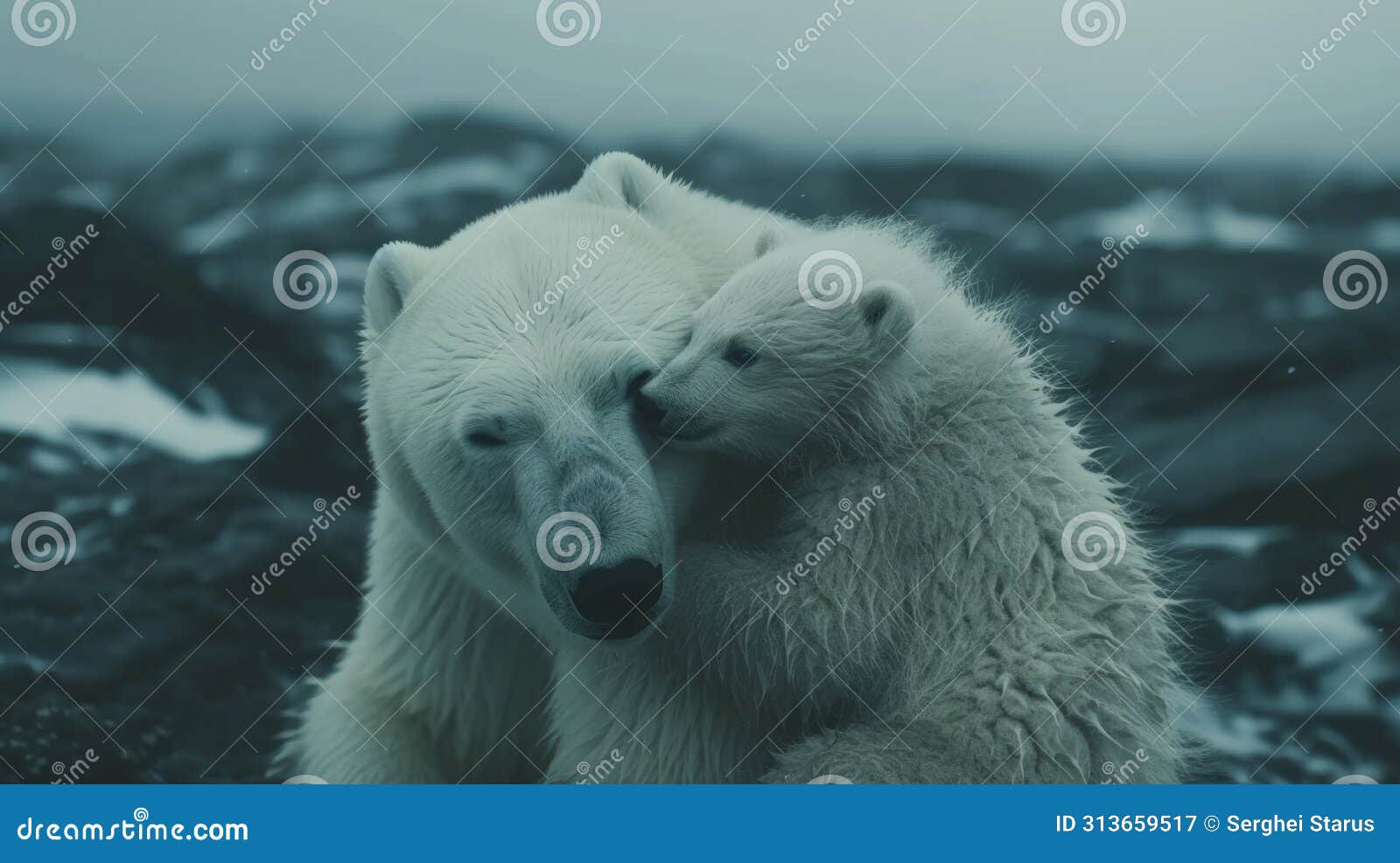 A Polar Bear Hugging a Cub in the Snow Covered Mountains, AI Stock ...