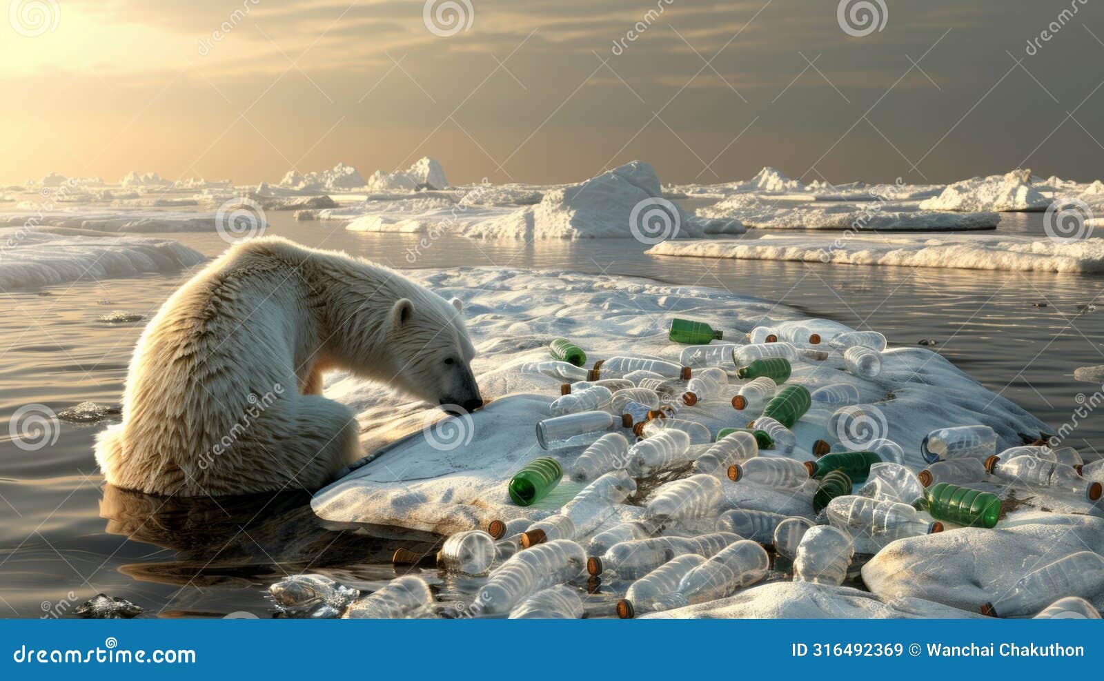 Polar Bear on Ice There is Plastic Trash Around. Concepts of Global ...