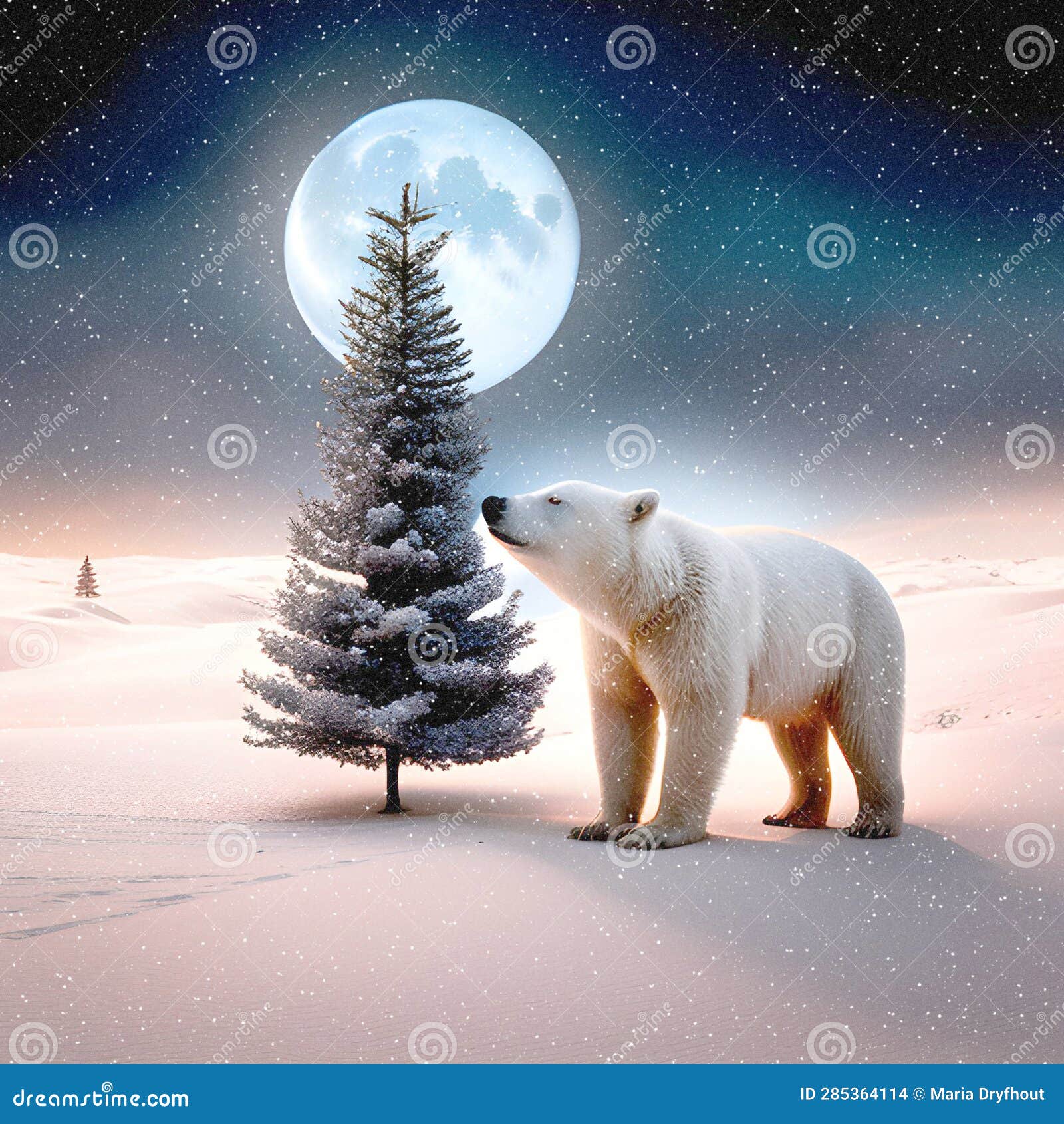 Polar Bear with Pine Tree and Full Moon Stock Illustration ...