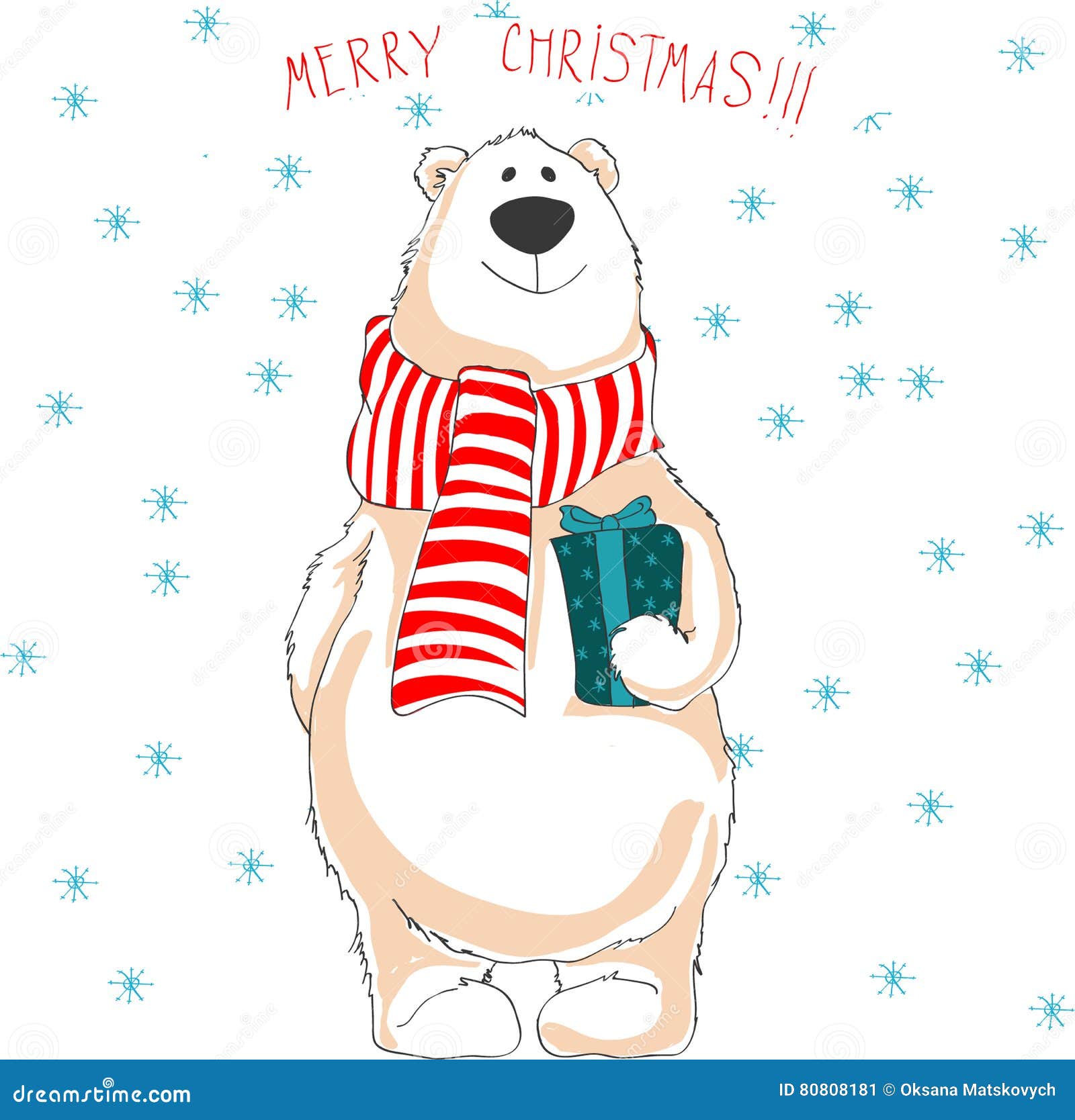 Polar Bear In Red Scarf Holding Christmas T Stock Vector