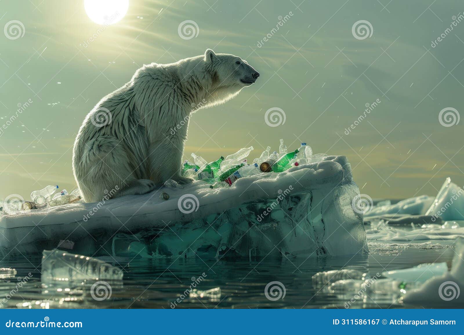 A Polar Bear Sitting on an Iceberg with Plastic Bottles Garbage ...