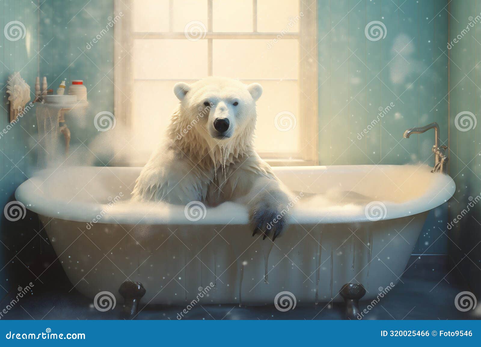 Polar Bear Taking a Bath in a Bathtub with a Retro Style. Environmental ...