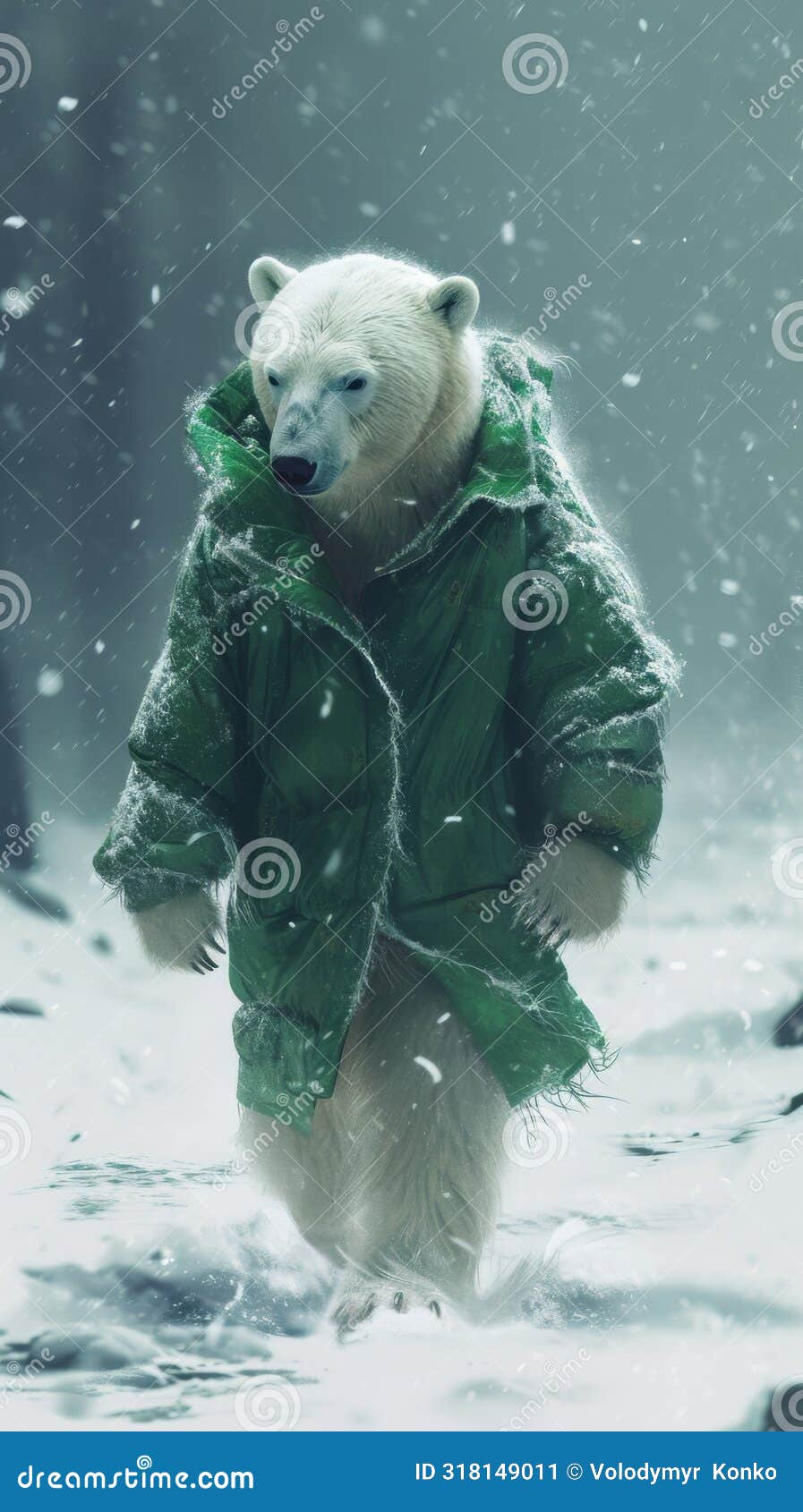 Polar Bear Wearing a Green Jacket Standing in the Snow Stock Image ...
