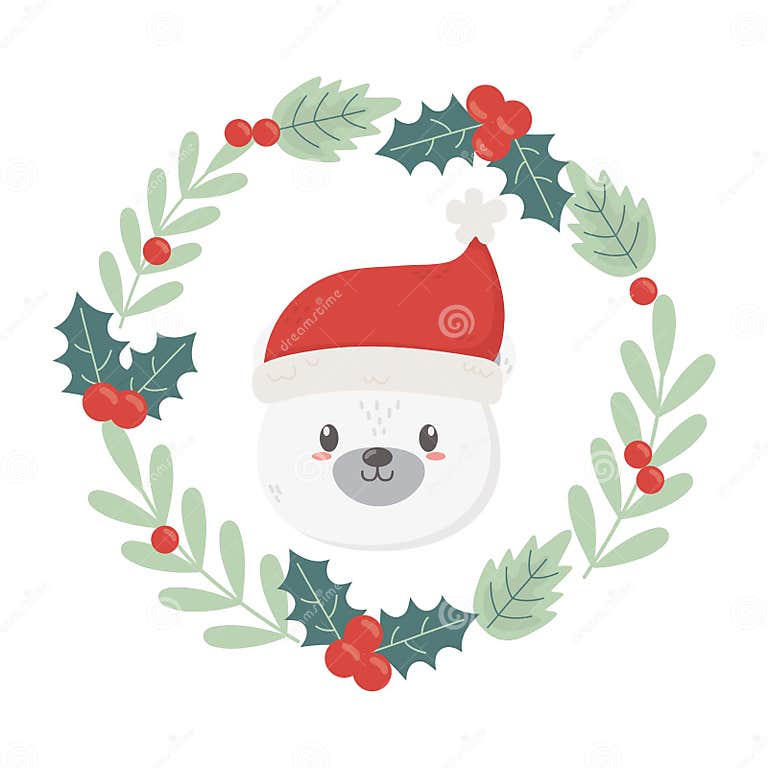 Polar Bear Wreath Holly Berry Celebration Merry Christmas Stock Vector