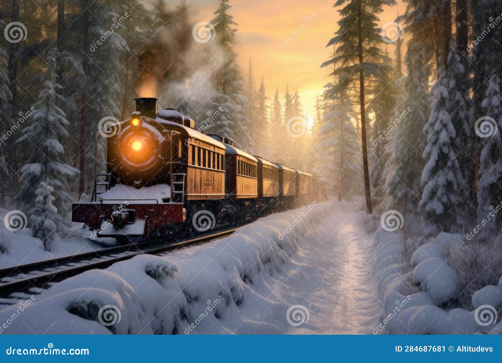 Polar Express Train Steaming through a Snowy Pine Forest Stock Image ...