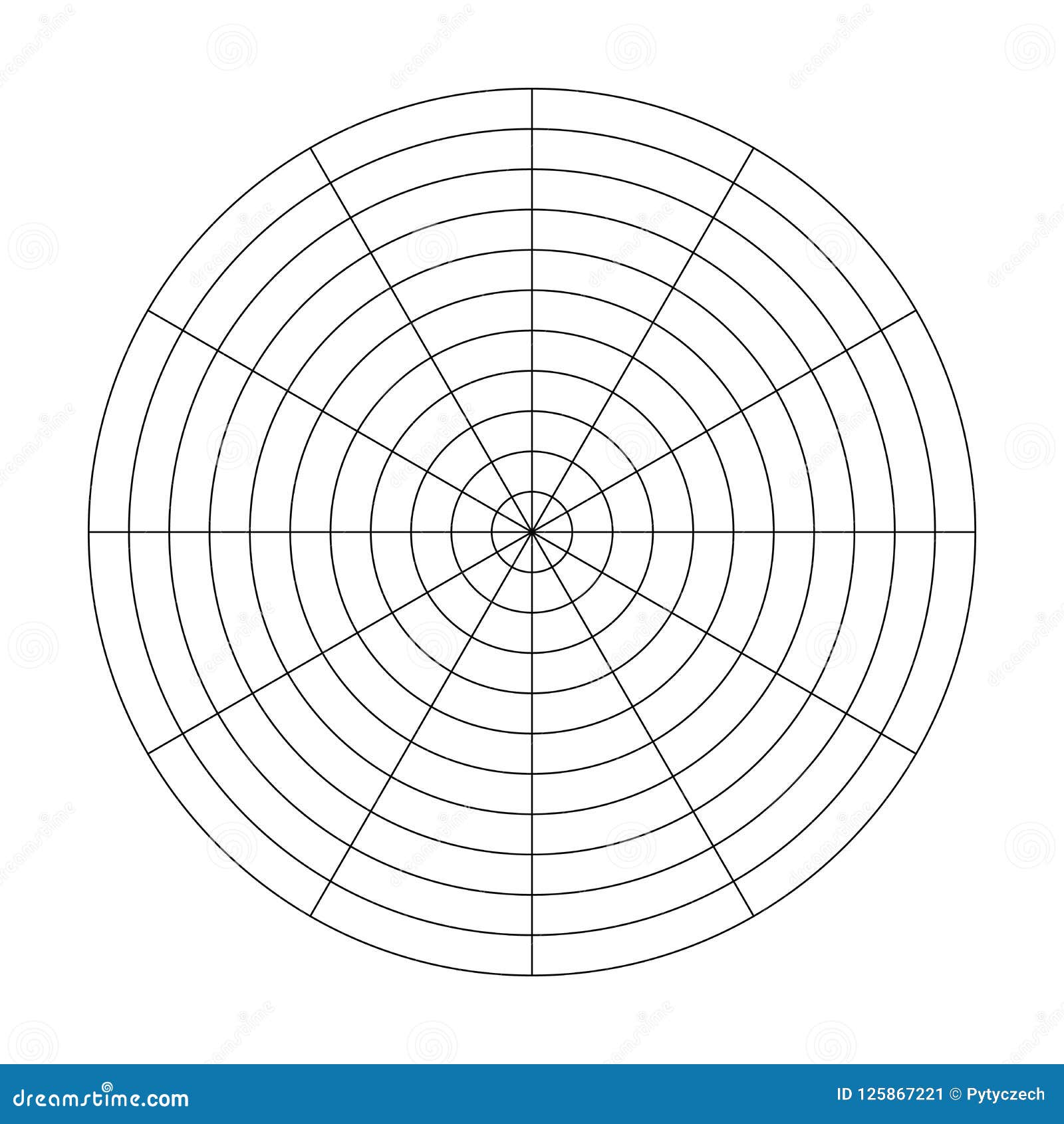 Polar Grid Of 10 Concentric Circles And 30 Degrees Steps. Blank Vector ...