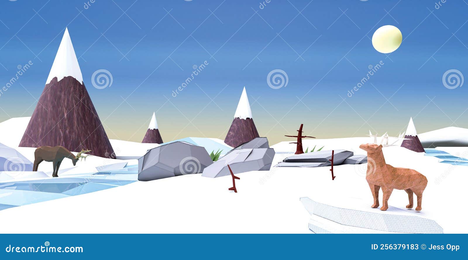 Polar Nature, Winter Landscape with Deers, Low Poly Style Landscape. 3d ...
