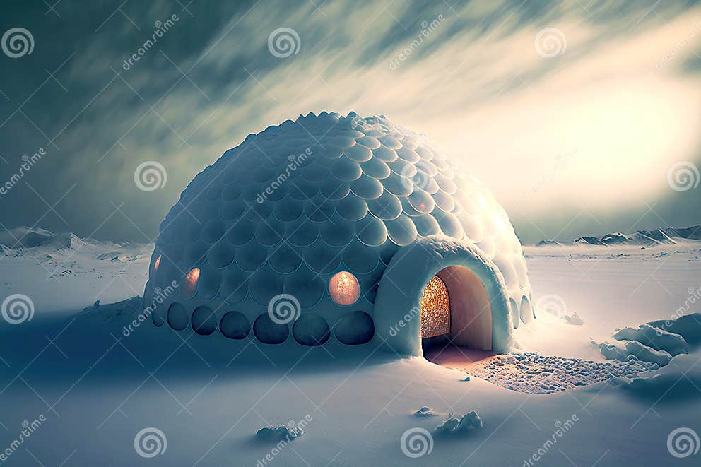 Polar Night Snow Igloo with Glowing Windows Stock Illustration ...
