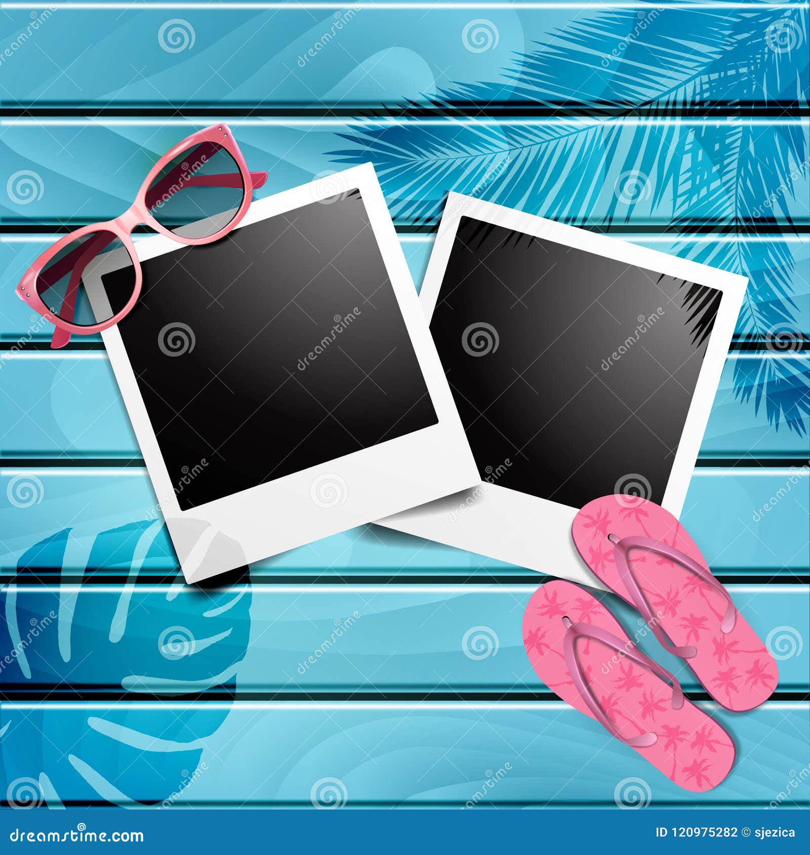 Polaroid Frame on Blue Wooden Background with Beach Elements. Vector ...