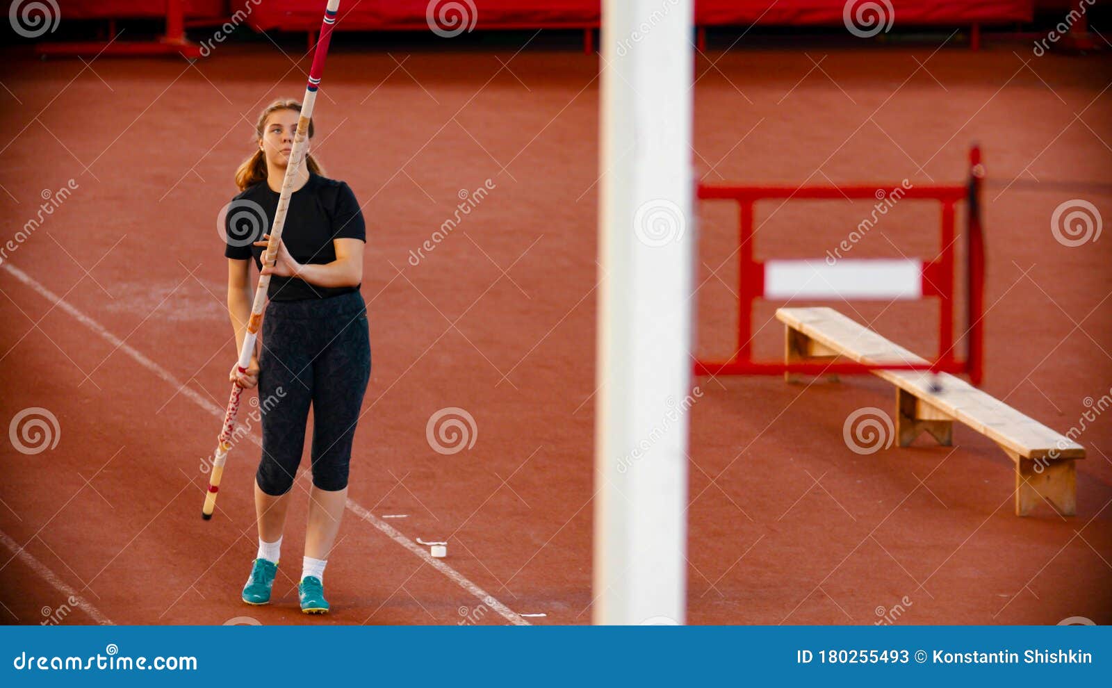 Pole Vault Training on the Stadium - Woman Preparing for the Jump Stock ...