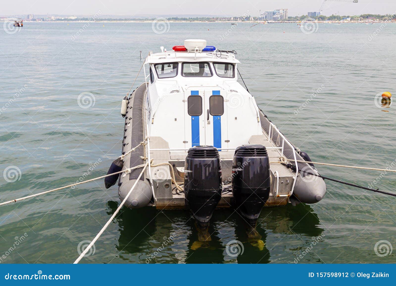 Police Boat with Two Engines Stands at the Marina Stock Photo - Image ...
