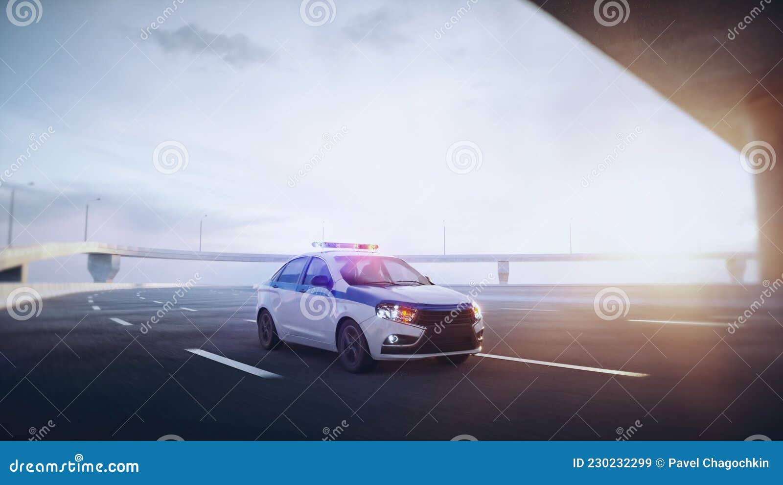 Police Car on Highway. Very Fast Driving. 3d Rendering. Stock ...