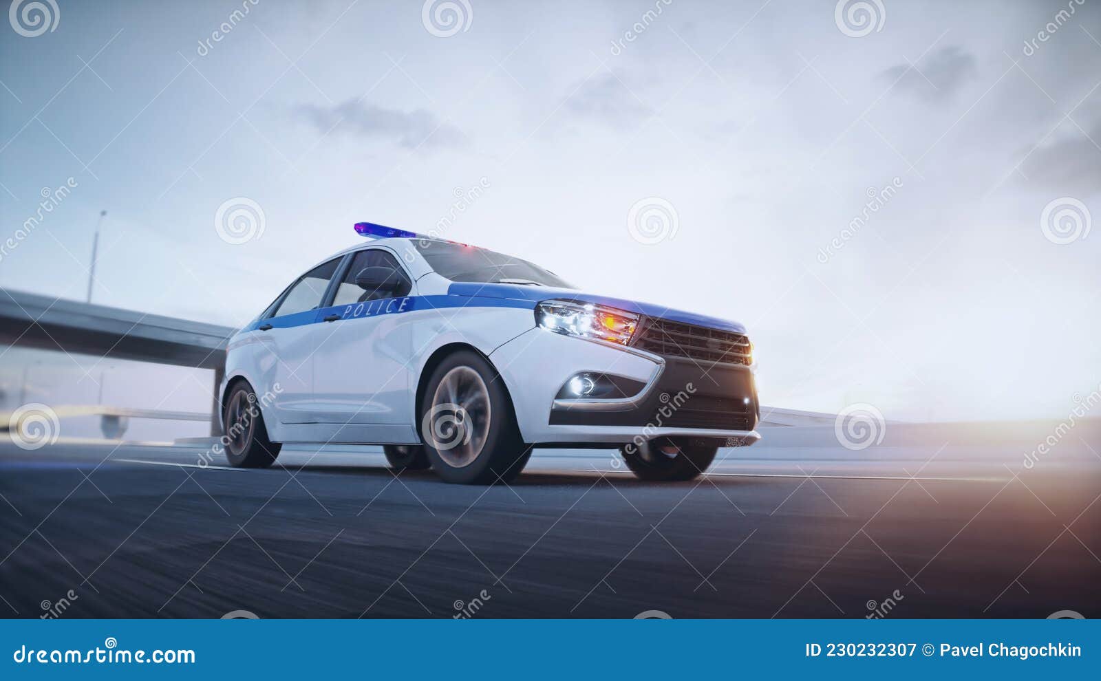 Police Car on Highway. Very Fast Driving. 3d Rendering. Stock ...