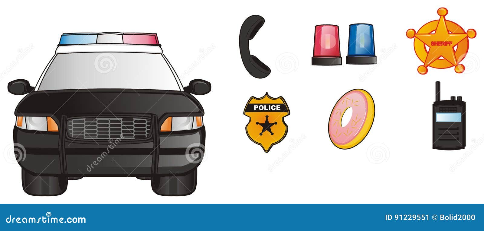 Police car with objects stock illustration. Illustration of black ...
