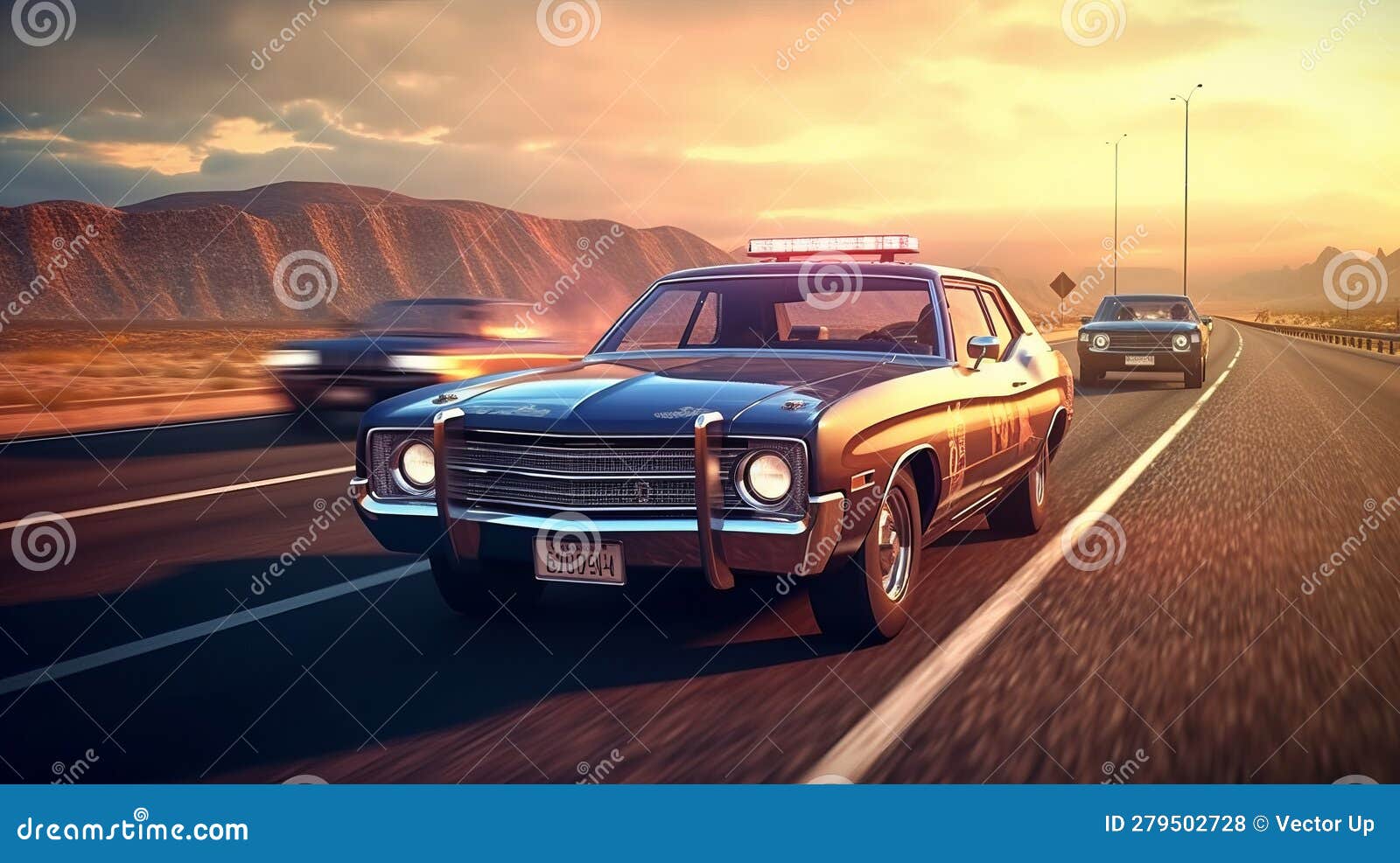 Police Car with Sirens on the Highway. Generative AI Stock Illustration ...