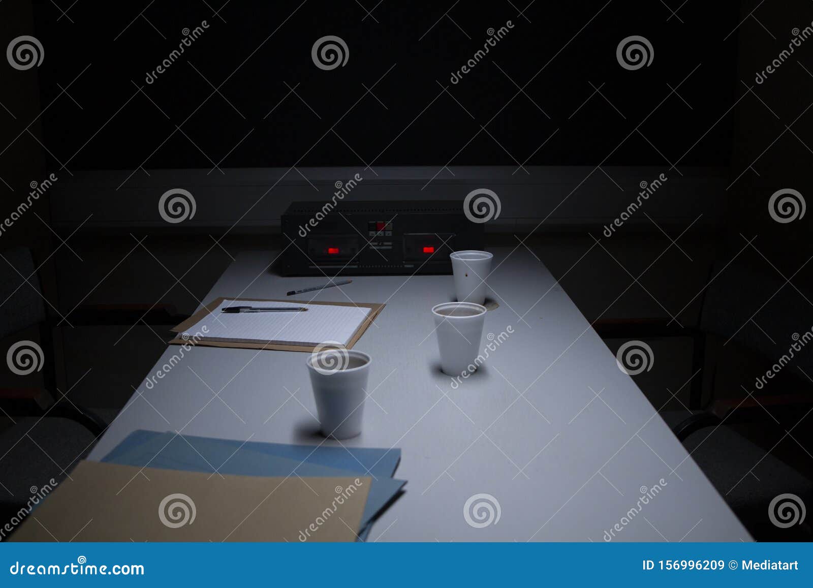 Police Custody Interview Room with Documents and Coffee Cups Stock ...