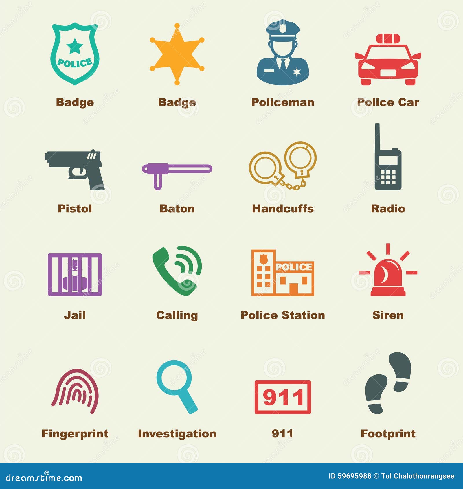 Police Elements Collection, Hat, Bat And Signals Cartoon Vector ...