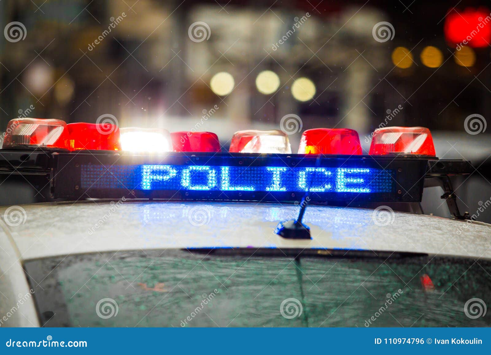 Police Emergency Lights with Warning Text Stock Photo - Image of ...