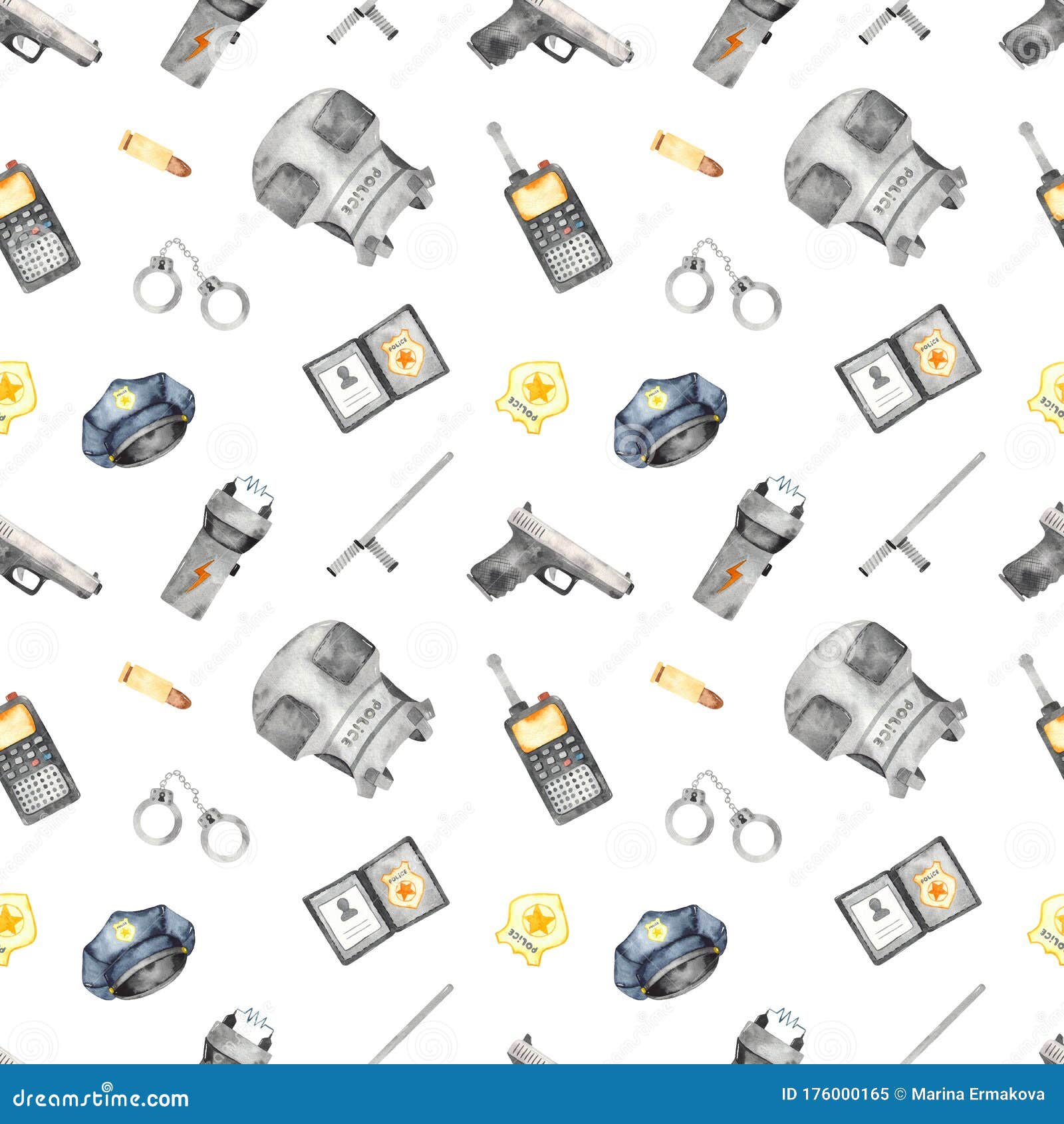 Watercolor Seamless Pattern with Police Equipment on a White Background ...