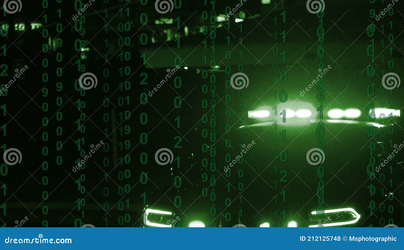 Police Lights Flashing in Traffic with Binary Computer Code Stock ...