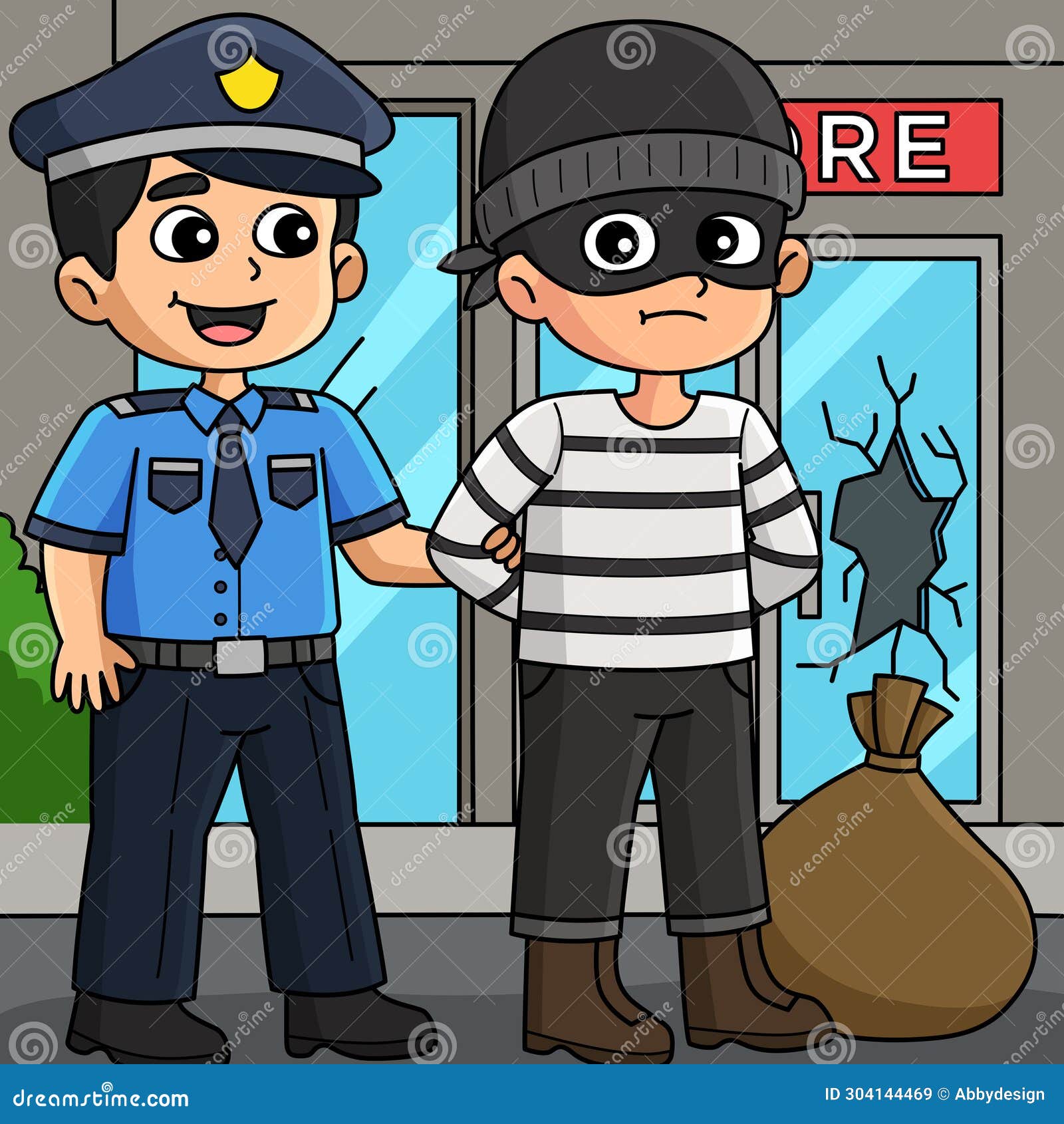 Police Man Arresting A Thief Colored Cartoon Stock Illustration