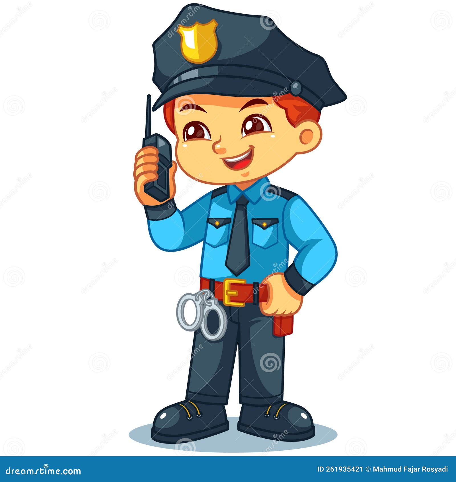Police Officer Boy Checking Information with Walky Talky Stock ...