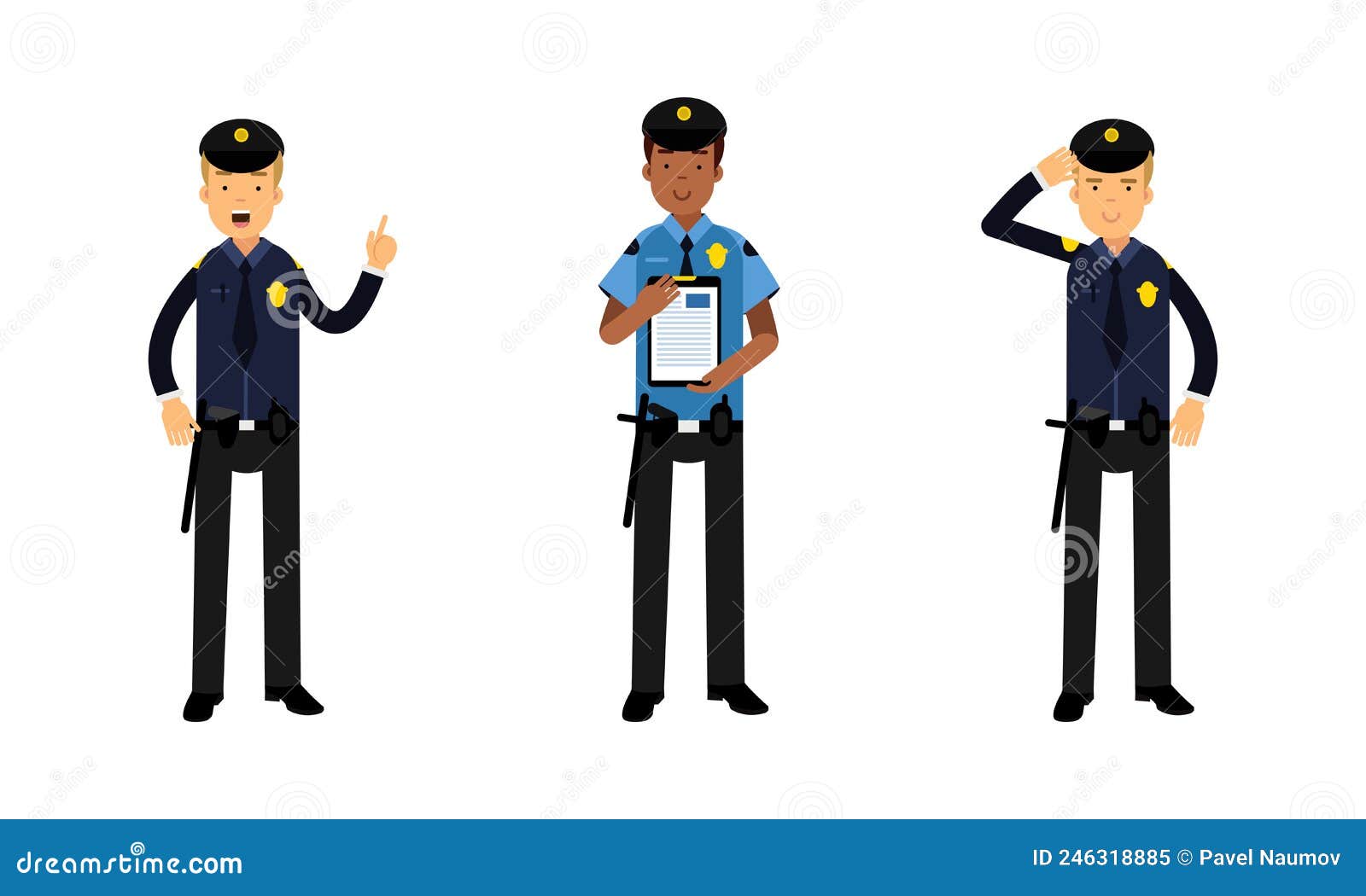 Police Officer Characters Set Policeman In Blue Uniform At Work