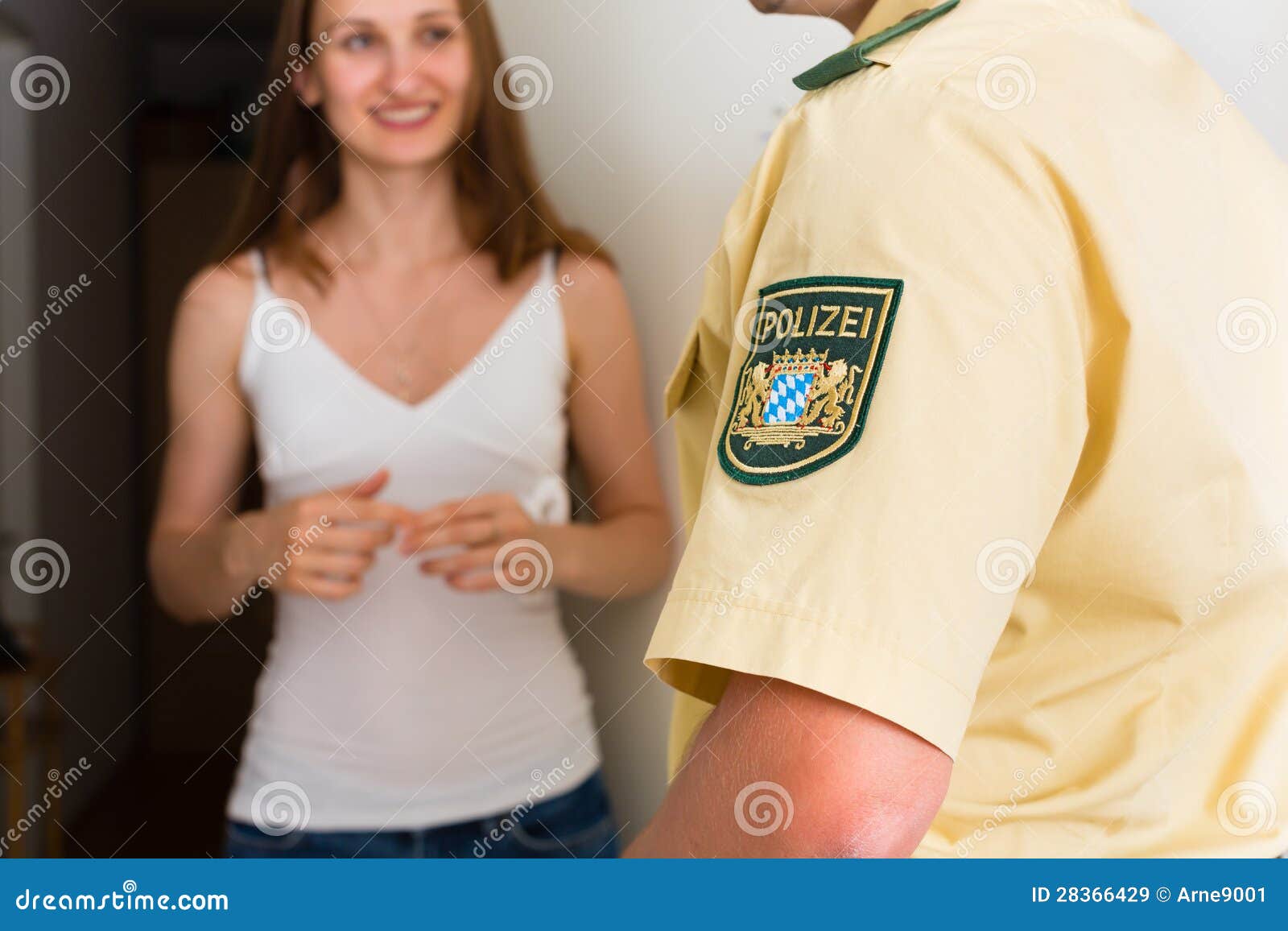 Police Officer Interrogation Woman at Front Door Stock Image - Image of ...