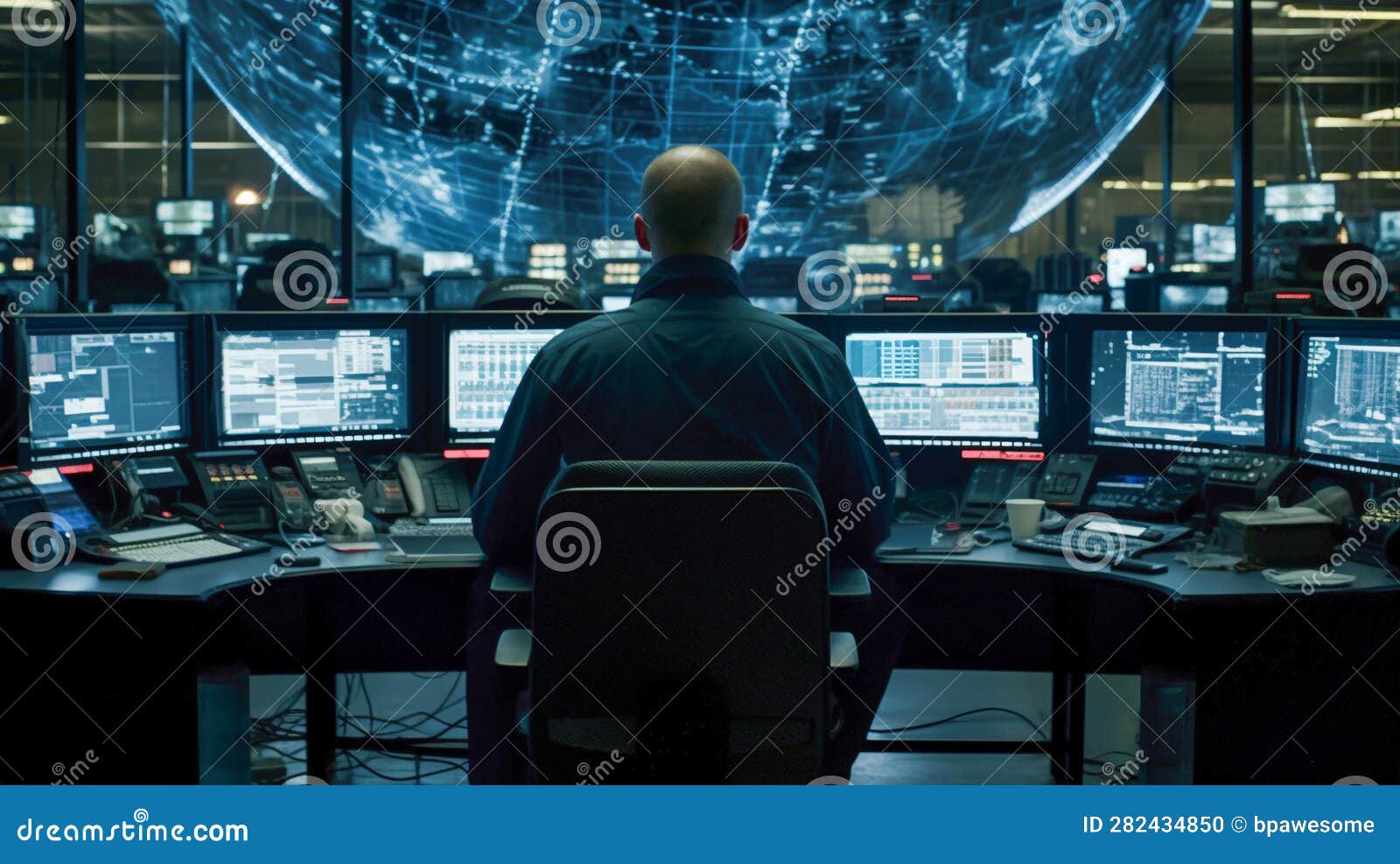 Police Officer Multitasking in a 911 Call Center with Monitors ...
