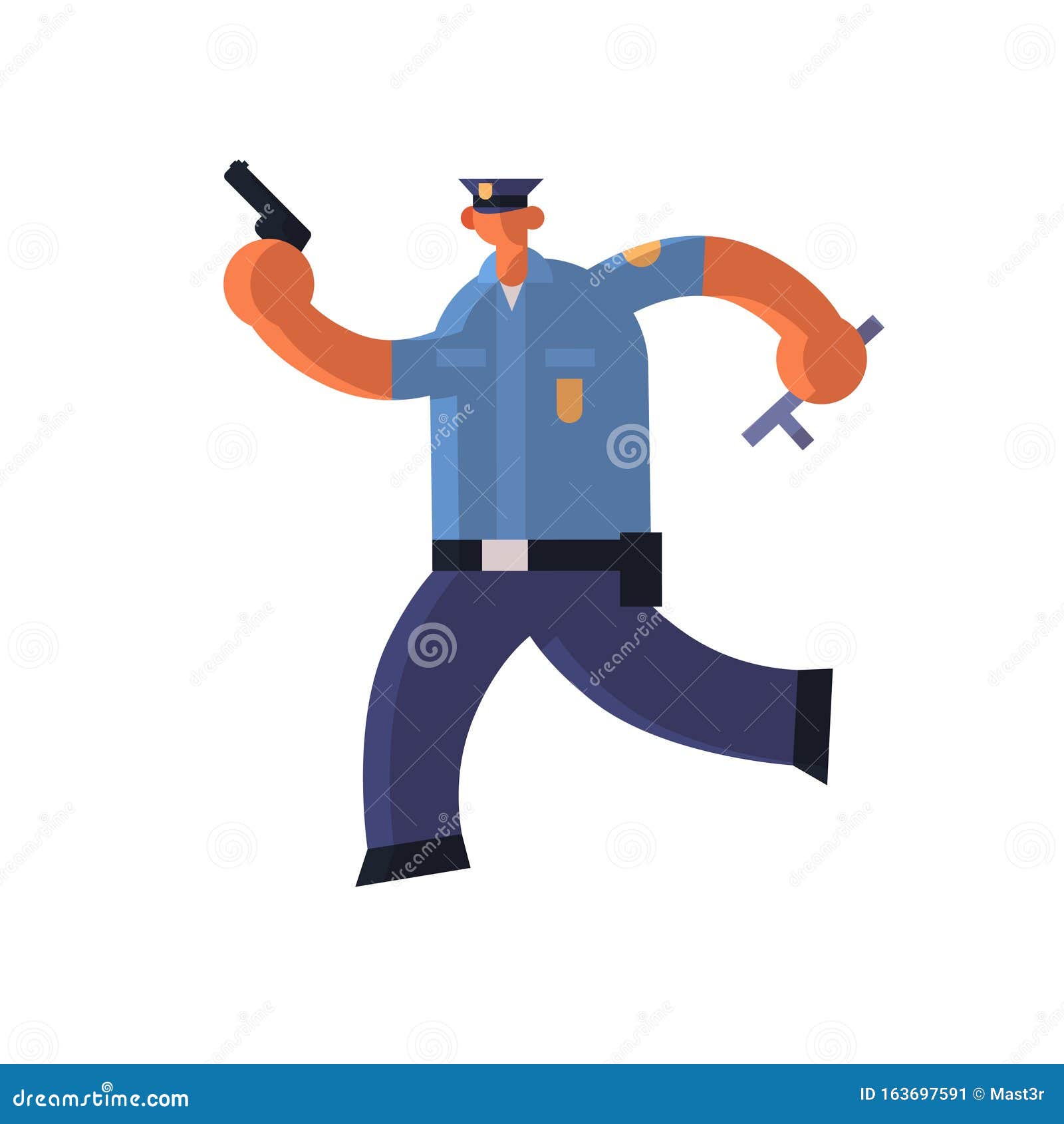 Police Officer Running With Pistol Pursuing Burglar Policeman In