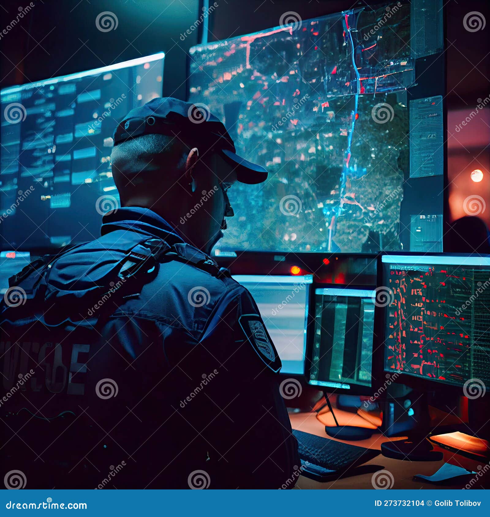 A Police Officer Sitting in Front of a Computer Screen. Generative AI ...