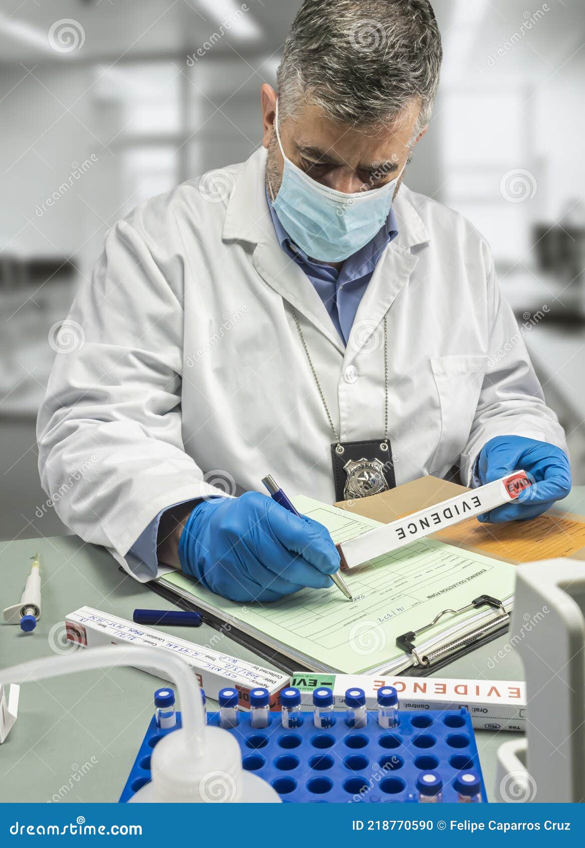 Police Scientist Takes Data from Evidence Box in Crime Lab Stock Photo ...