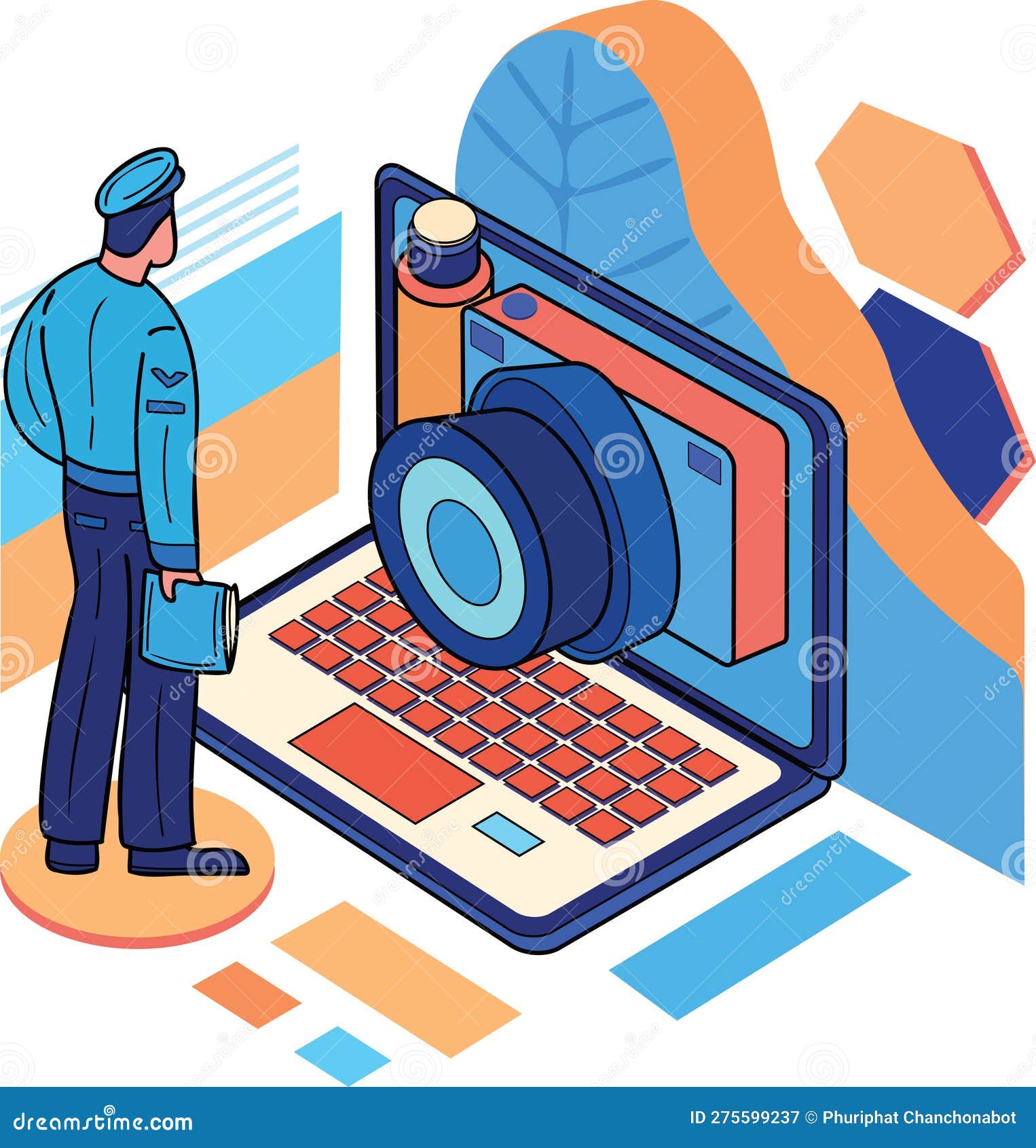 Police with Security Camera Illustration in Doodle Style Stock Vector ...