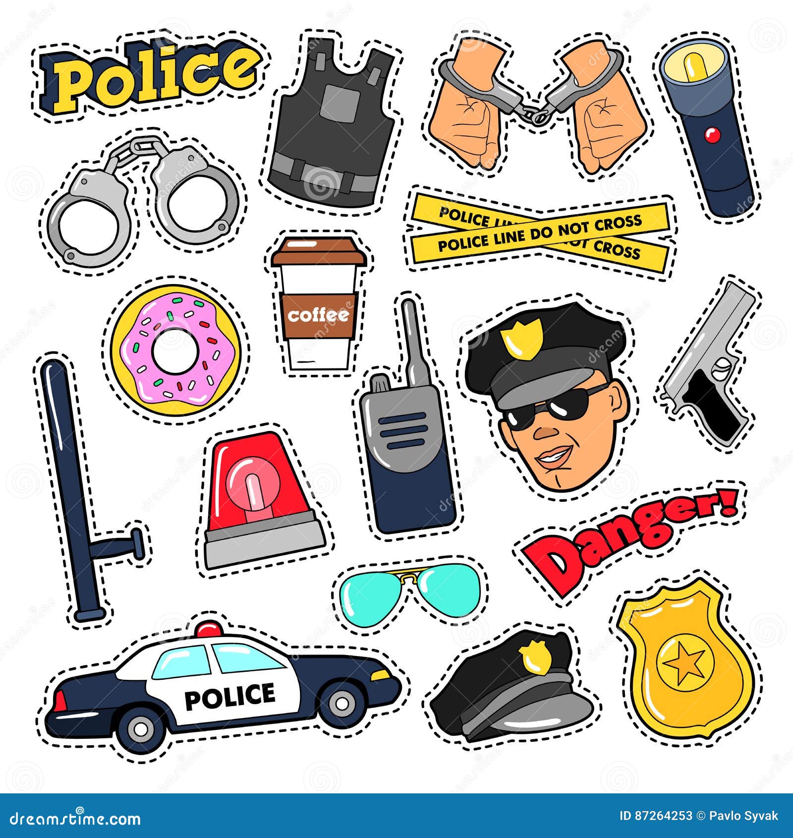 Police Security Stickers Set with Officer, Gun and Car Stock Vector ...