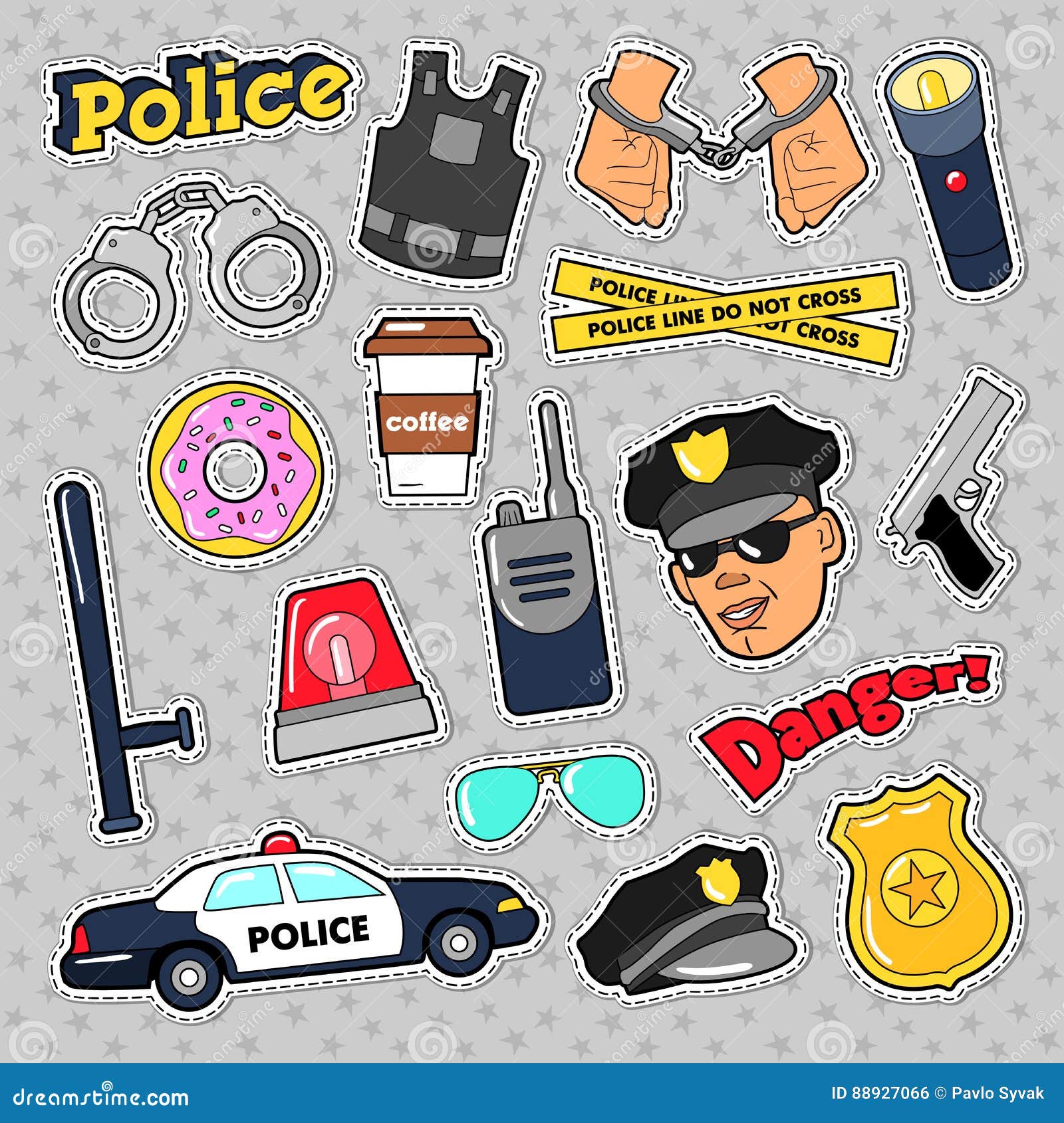 Police Security Stickers Set with Officer, Gun and Car Stock Vector ...