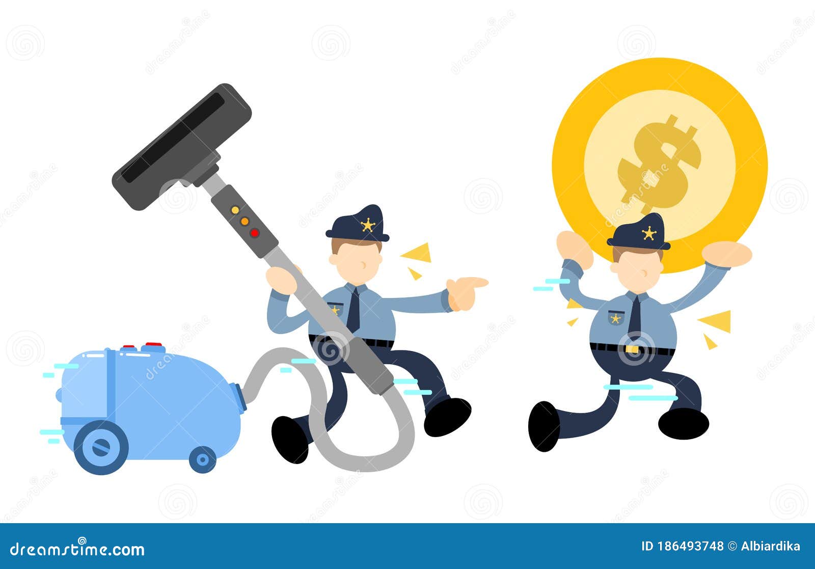 Police Officer and Vacuum Cleaner Clean Catch Money Cartoon Doodle Flat ...