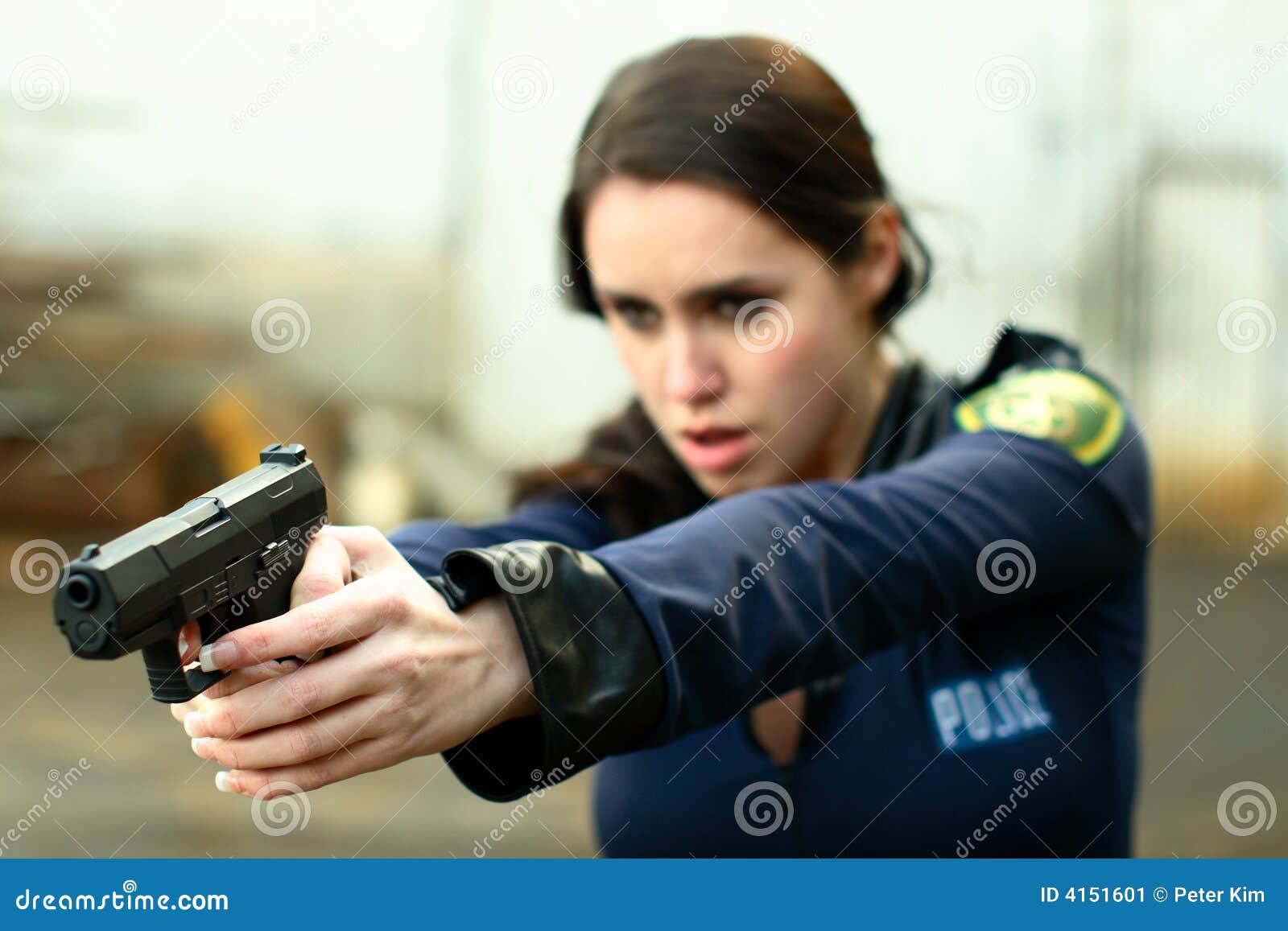 Police Woman Poses Against Vintage Wallpaper Stock Photography ...