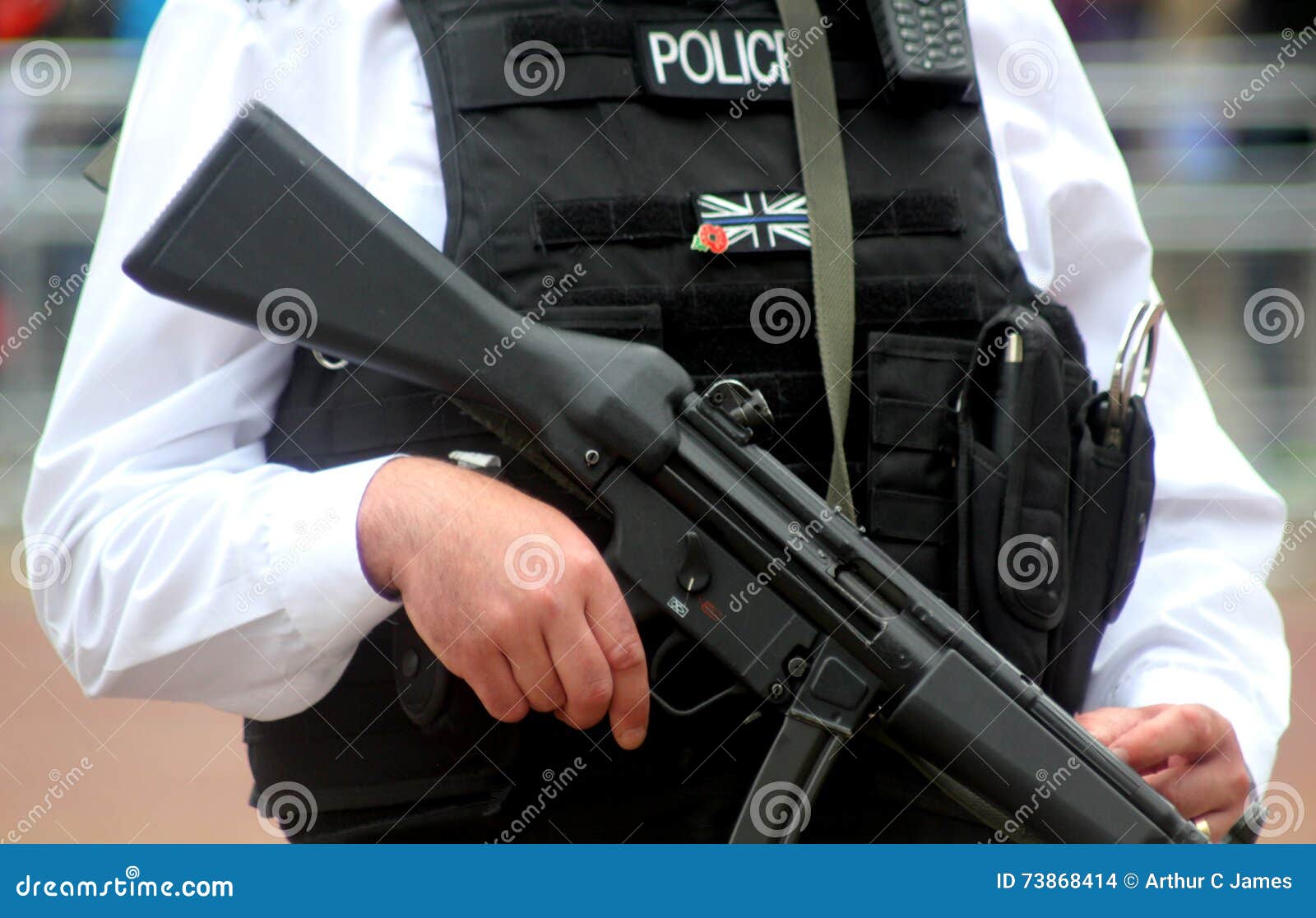 British Policeman Walking Past A Royal Guard At The Entrance To His ...