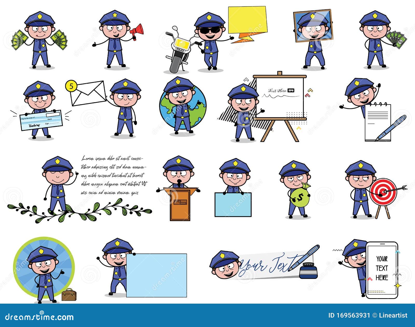 Policeman Cop Character with Various Concepts - Set of Different Vector ...