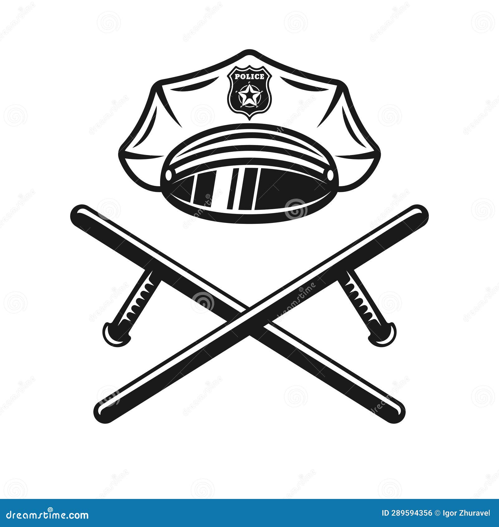 Policeman Hat and Two Crossed Batons Vector Monochrome Style ...