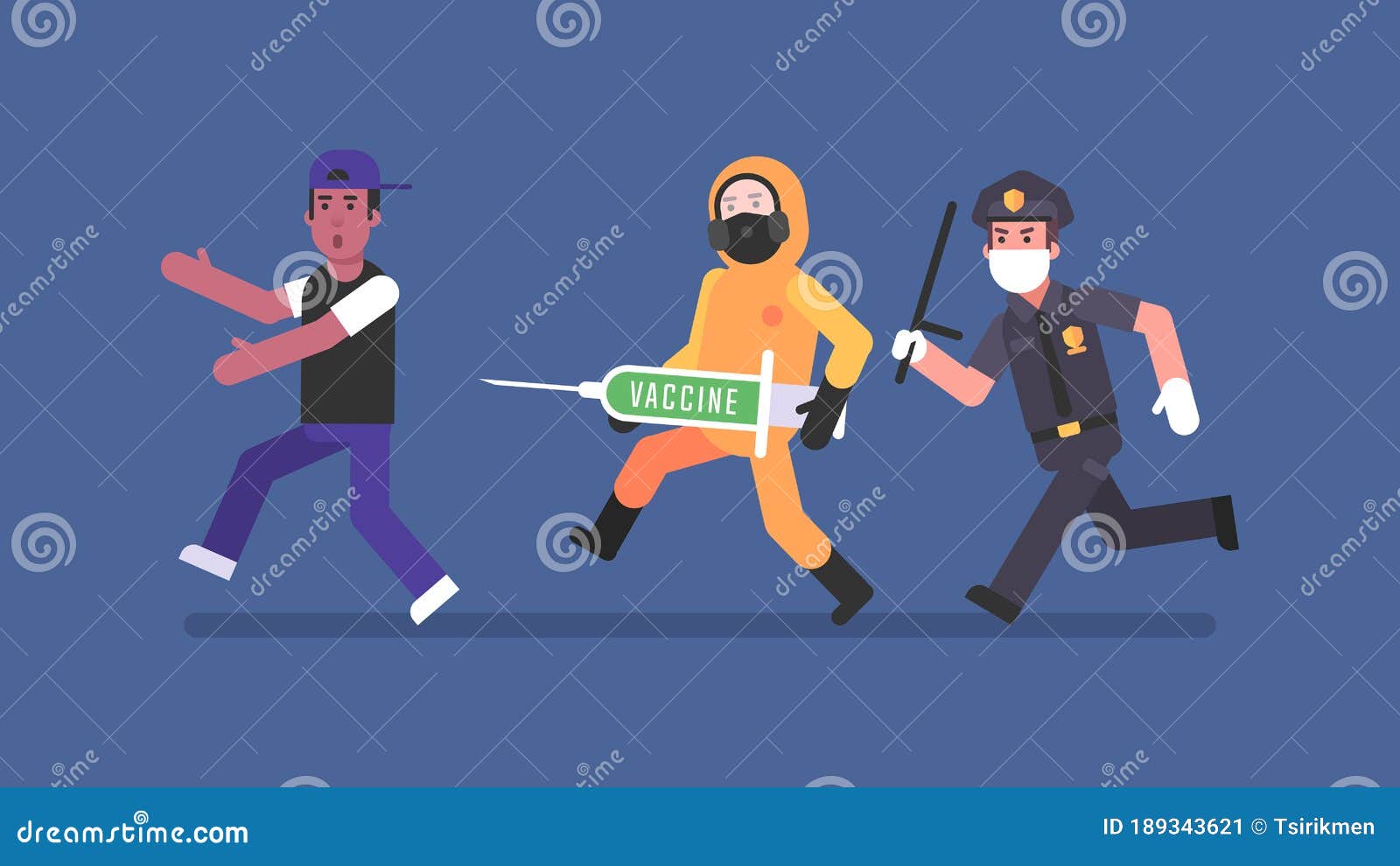 Policeman and Man in Protective Suit with Syringe Chasing Man. Flat ...