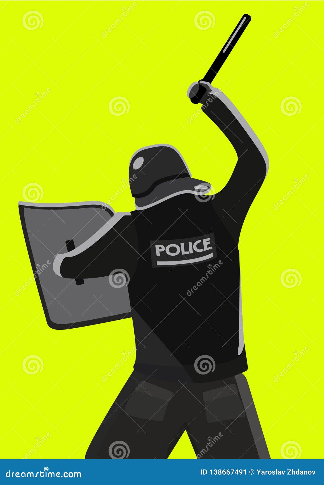 A Policeman Swings a Baton on a Yellow Background Stock Illustration ...