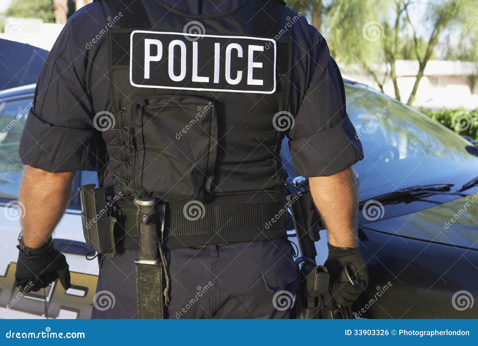 Policeman in Uniform Standing Against Car Stock Photo - Image of belt ...