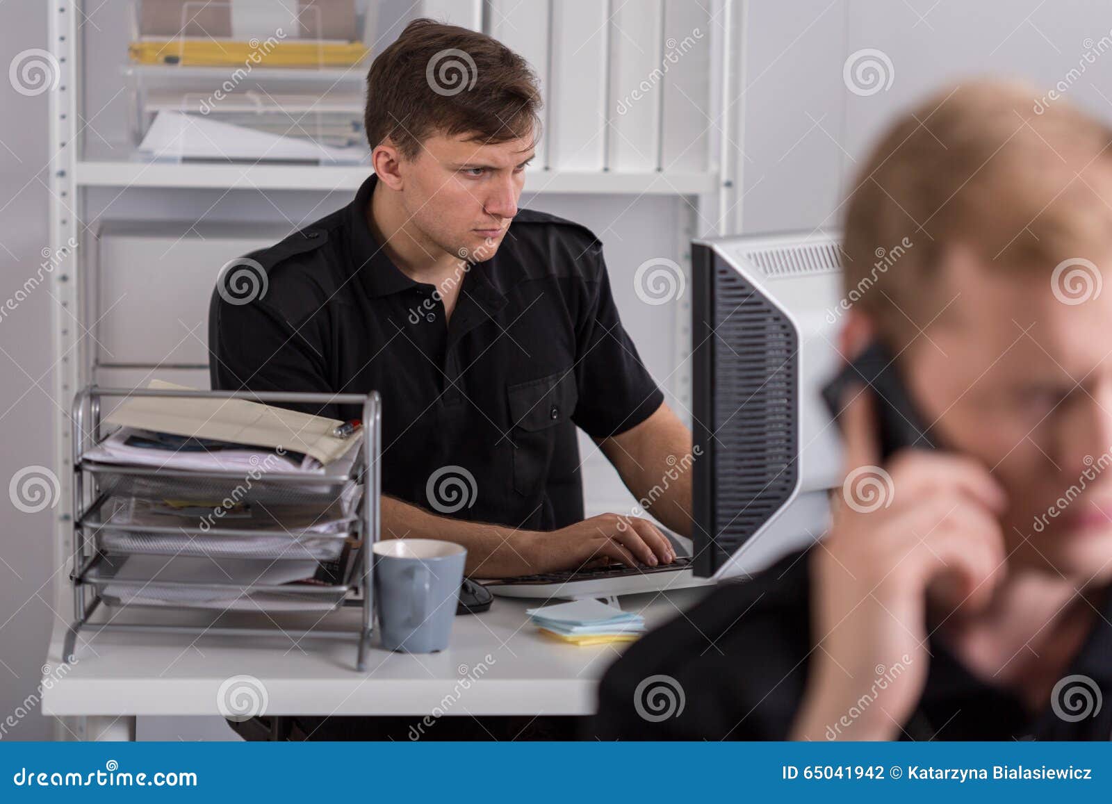 Policeman Using Computer at Work Stock Photo - Image of station ...