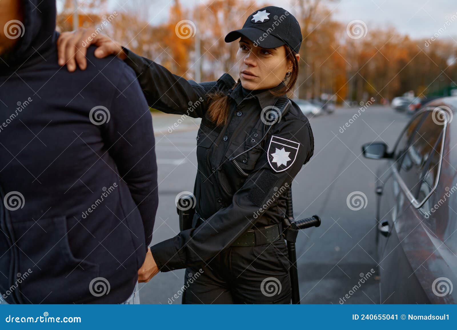 Policewoman Arresting Man Car Thief On Road Stock Image Image Of